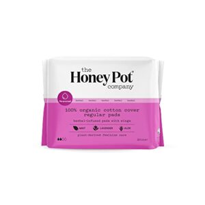 the honey pot company - regular flow pads with wings - organic pads for women - herbal infused w/essential oils for cooling effect, cotton cover, & ultra-absorbent pulp core - feminine care - 20 ct