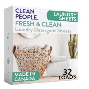 clean people laundry detergent sheets - plant-based, hypoallergenic laundry soap - ultra concentrated, plastic free, natural ingredients, recyclable packaging, stain fighting - fresh scent, 32 pack