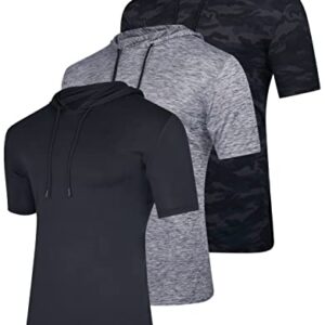 3 Pack: Mens Dry Fit Moisture Wicking Short Sleeve Active Athletic Hoodie Pullover Sweatshirt Workout Running Fitness Gym Sports Casual Tee Outdoor Summer Hiking Beach Outfit- Set 5, L