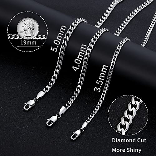 Fiusem 3.5mm Silver Colored Chains, Silver Plated Cuban Link Necklace for Men and Women, Stainless Steel 20 Inch