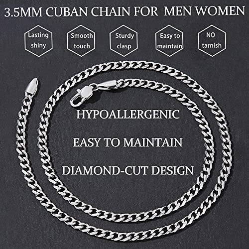 Fiusem 3.5mm Silver Colored Chains, Silver Plated Cuban Link Necklace for Men and Women, Stainless Steel 20 Inch