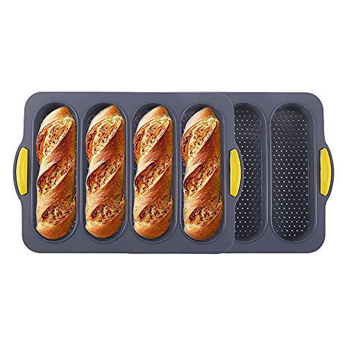 loaf pan atrccs Set of 1 with four buns French bread loaf pan bread pan non-stick pan easy to release household silicone food baking breakfast afternoon tea romantic dinner tool (black)