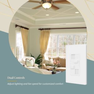 TOPGREENER Kalide Combo Dimmer Switch with 3-Speed Fan Control for Dimmable 200W LED/CFL Lights and Fan Combination Switch, Single Pole, Neutral Wire Not Required, TGDSFS3-W, White