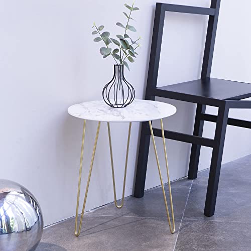 MOSTRARE Round Side Table, Easy Assembly Small Side Table, for Living Room,Bedroom,Small Tables/Nightstand,Bedside Table White & Marble (Marble Pattern)