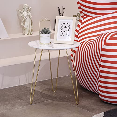 MOSTRARE Round Side Table, Easy Assembly Small Side Table, for Living Room,Bedroom,Small Tables/Nightstand,Bedside Table White & Marble (Marble Pattern)