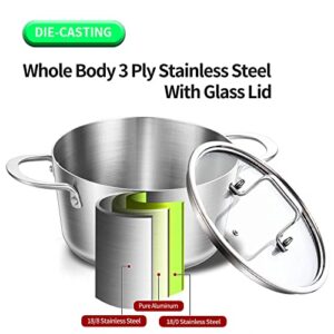 LOLYKITCH Tri-Ply Stainless Steel 5QT Stock Pot with Lid, Induction Cooking Pot,Soup Pot, Compatible with All Stoves,Oven and Diswasher safe.