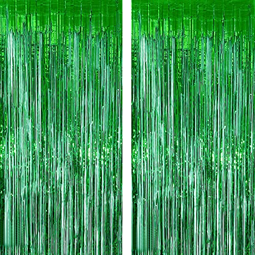 2 Pack Green Foil Curtains 3.2 ft x 8.2 ft Metallic Tinsel Fringe Backdrops Photo Booth Props for Birthday Wedding Christmas Bridal Shower Bachelorette Holiday Party