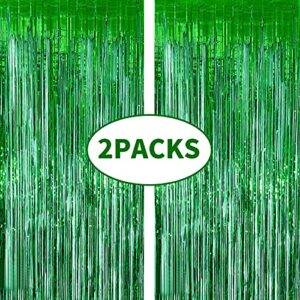 2 Pack Green Foil Curtains 3.2 ft x 8.2 ft Metallic Tinsel Fringe Backdrops Photo Booth Props for Birthday Wedding Christmas Bridal Shower Bachelorette Holiday Party