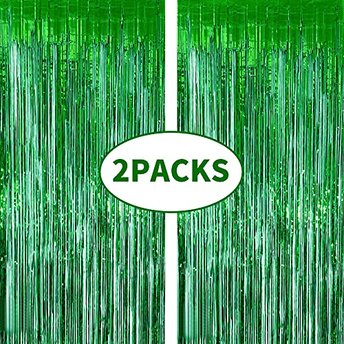 2 Pack Green Foil Curtains 3.2 ft x 8.2 ft Metallic Tinsel Fringe Backdrops Photo Booth Props for Birthday Wedding Christmas Bridal Shower Bachelorette Holiday Party