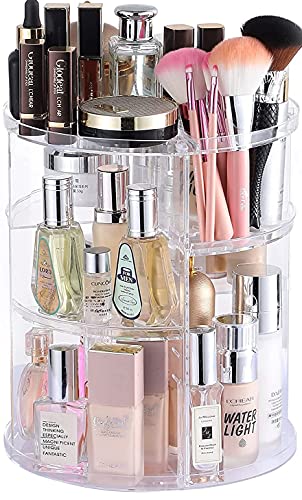 Cq acrylic 360 Degree Rotating Makeup Organizer for Bathroom,4 Tier Adjustable Cosmetic Storage Cases and Make Up Holder Display Cases,Clear