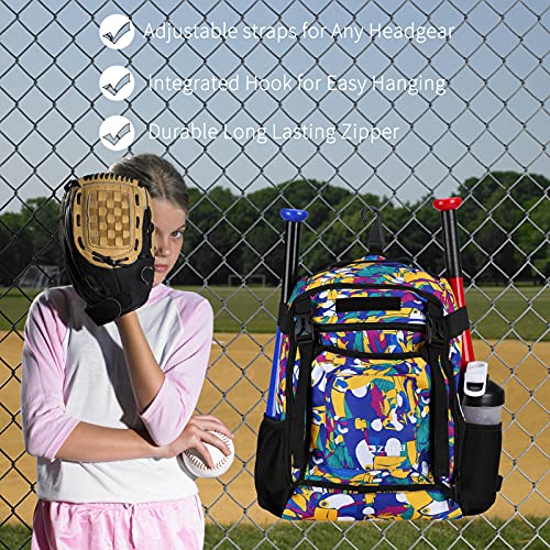 ZOEA Baseball Bat Bag Backpack, T-Ball & Softball Equipment & Gear for Youth, Large Capacity Holds 2 Bats, Helmet, Gloves, Cleats, Helmet Holder and Includes Fence Hook (Purple)