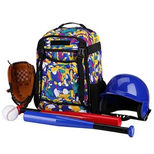 ZOEA Baseball Bat Bag Backpack, T-Ball & Softball Equipment & Gear for Youth, Large Capacity Holds 2 Bats, Helmet, Gloves, Cleats, Helmet Holder and Includes Fence Hook (Purple)