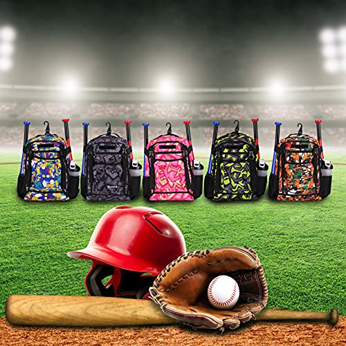 ZOEA Baseball Bat Bag Backpack, T-Ball & Softball Equipment & Gear for Youth, Large Capacity Holds 2 Bats, Helmet, Gloves, Cleats, Helmet Holder and Includes Fence Hook (Purple)