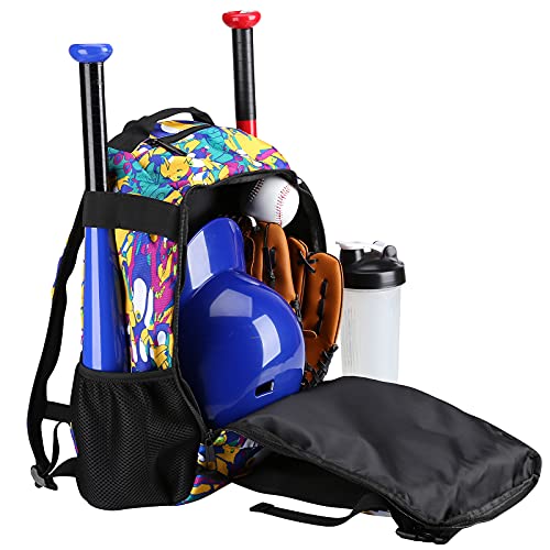 ZOEA Baseball Bat Bag Backpack, T-Ball & Softball Equipment & Gear for Youth, Large Capacity Holds 2 Bats, Helmet, Gloves, Cleats, Helmet Holder and Includes Fence Hook (Purple)