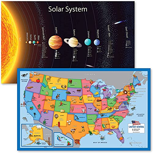 Palace Learning 2 Pack - Solar System Poster for Kids [Long] & Illustrated USA Map (LAMINATED, 18" x 29")