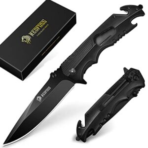 nedfoss pocket knife for men, 5-in-1 multitool folding knife with bottle opener, glass breaker, seatbelt cutter and wrench, survival knife for emergency rescue situations, home improvements