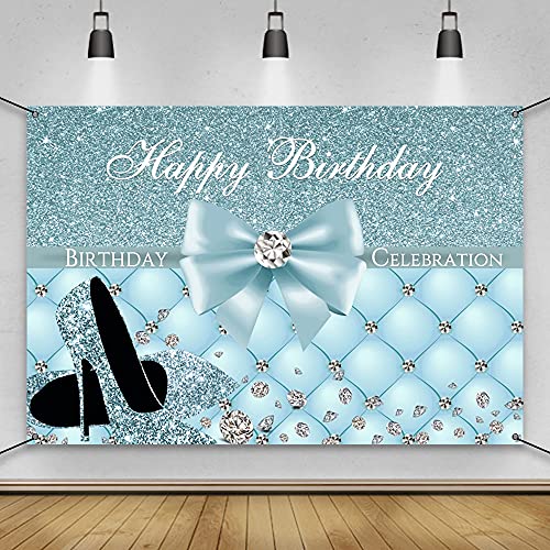 AWERT Polyester 6x3.6ft Happy Birthday Banner Glitter High Heels Diamonds Bowknot Blue Gold Sign Poster for Birthday Backdrop for Women Girls Birthday Party Decorations Banner