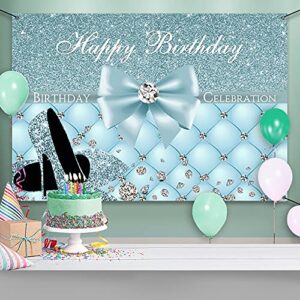 AWERT Polyester 6x3.6ft Happy Birthday Banner Glitter High Heels Diamonds Bowknot Blue Gold Sign Poster for Birthday Backdrop for Women Girls Birthday Party Decorations Banner