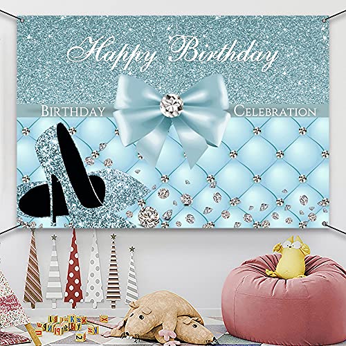 AWERT Polyester 6x3.6ft Happy Birthday Banner Glitter High Heels Diamonds Bowknot Blue Gold Sign Poster for Birthday Backdrop for Women Girls Birthday Party Decorations Banner