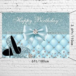 AWERT Polyester 6x3.6ft Happy Birthday Banner Glitter High Heels Diamonds Bowknot Blue Gold Sign Poster for Birthday Backdrop for Women Girls Birthday Party Decorations Banner