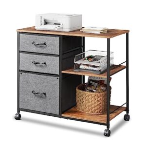 devaise 3 drawer mobile file cabinet, rolling printer stand with open storage shelf, fabric lateral filing cabinet fits a4 or letter size for home office, rustic brown