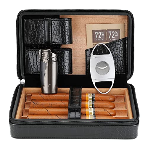 CiTree Cigar Case, Cedar Wood Travel Portable Leather Cigar Humidor with Cigar Lighter and Cutter, Black Crocodile Pattern