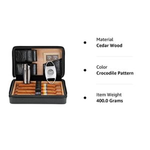 CiTree Cigar Case, Cedar Wood Travel Portable Leather Cigar Humidor with Cigar Lighter and Cutter, Black Crocodile Pattern