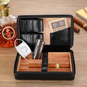 CiTree Cigar Case, Cedar Wood Travel Portable Leather Cigar Humidor with Cigar Lighter and Cutter, Black Crocodile Pattern