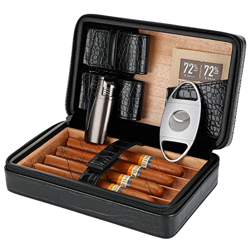 CiTree Cigar Case, Cedar Wood Travel Portable Leather Cigar Humidor with Cigar Lighter and Cutter, Black Crocodile Pattern