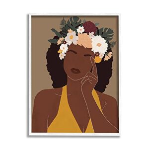 stupell industries female pondering tropical floral crown monstera leaf, designed by jj design house llc white framed wall art, 24 x 30, brown