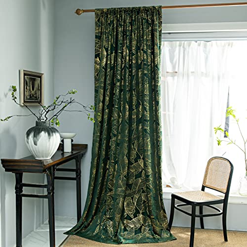 Tootop Velvet Green Curtain Leaf Plant Bedroom and Living Room high-end Gold Foil Print semi Shading Noise Reduction Soft and Smooth Decorative Drapes Pole Pocket 2 Panel (52w x 84 inches)