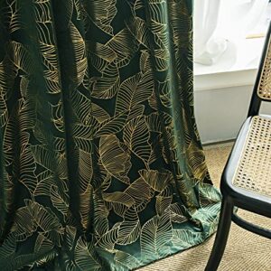 Tootop Velvet Green Curtain Leaf Plant Bedroom and Living Room high-end Gold Foil Print semi Shading Noise Reduction Soft and Smooth Decorative Drapes Pole Pocket 2 Panel (52w x 84 inches)