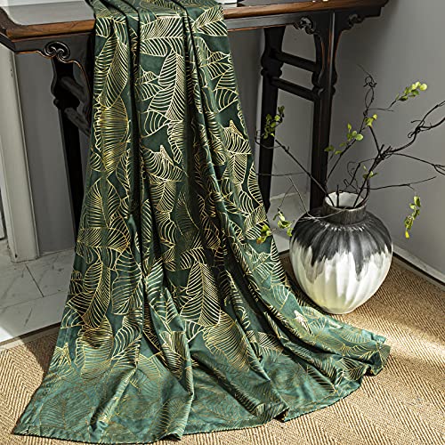 Tootop Velvet Green Curtain Leaf Plant Bedroom and Living Room high-end Gold Foil Print semi Shading Noise Reduction Soft and Smooth Decorative Drapes Pole Pocket 2 Panel (52w x 84 inches)