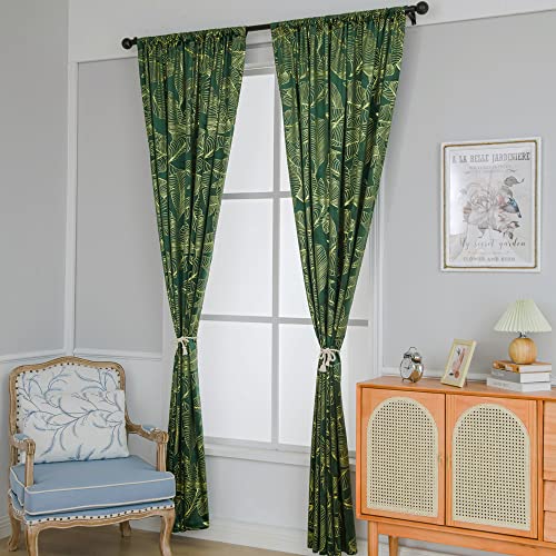 Tootop Velvet Green Curtain Leaf Plant Bedroom and Living Room high-end Gold Foil Print semi Shading Noise Reduction Soft and Smooth Decorative Drapes Pole Pocket 2 Panel (52w x 84 inches)