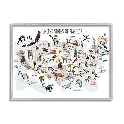 Stupell Industries United States of America Map of Animals Kid's Illustration, Designed by Studio Q Gray Framed Wall Art, 24 x 30, Brown