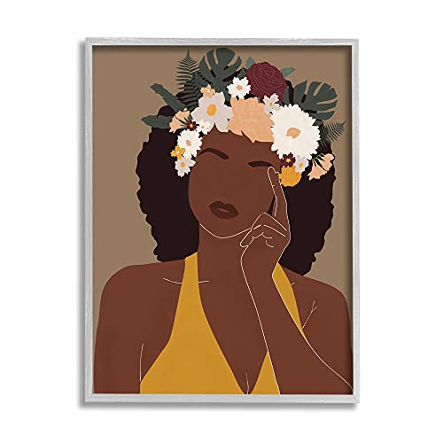 Stupell Industries Female Pondering Tropical Floral Crown Monstera Leaf, Designed by JJ Design House LLC Gray Framed Wall Art, 24 x 30, Brown