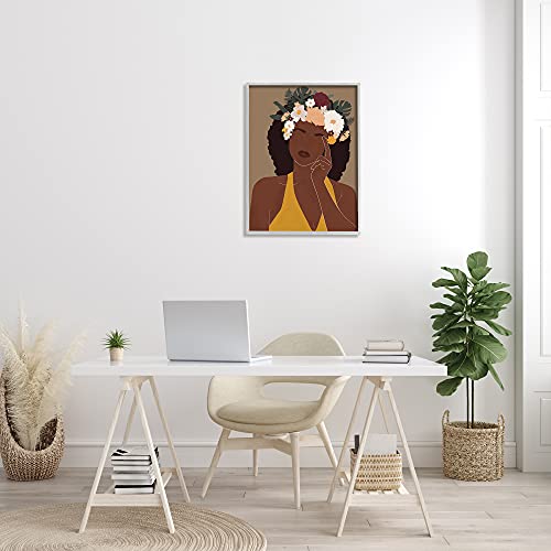 Stupell Industries Female Pondering Tropical Floral Crown Monstera Leaf, Designed by JJ Design House LLC Gray Framed Wall Art, 24 x 30, Brown