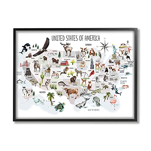 Stupell Industries United States of America Map of Animals Kid's Illustration, Designed by Studio Q Black Framed Wall Art, 16 x 20, Brown