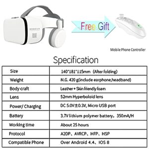 VR Goggles for iPhone and Android Phones, 3D Virtual Reality Vr Headset/Glasses with Wireless Headphones for Imax Movies & Play Games with Remote Controller