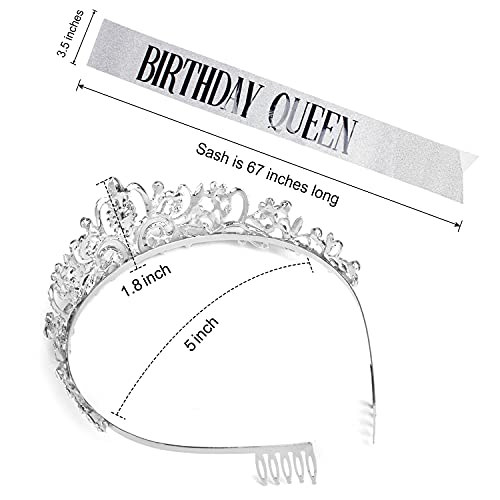 Birthday Crown & Birthday Queen Sash Set, Aprince Rhinestone Tiaras and Crowns for Women Girls Silver Tiara Birthday Silver Sash Princess Tiaras Queen Crowns for Birthday Prom Photoshoot