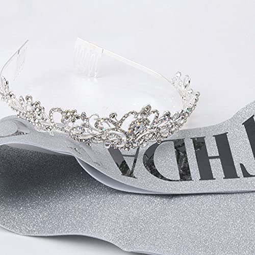 Birthday Crown & Birthday Queen Sash Set, Aprince Rhinestone Tiaras and Crowns for Women Girls Silver Tiara Birthday Silver Sash Princess Tiaras Queen Crowns for Birthday Prom Photoshoot