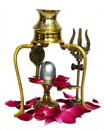 Parad Shaligram Shivling Set Shiva Ling Lingam Snake Hood Jalaheri, Trishul and Kalash with Brass Stand Pooja Shivlinga Stone Shivaji Home Decor Religious Spiritual Temple (Silver Mercury)