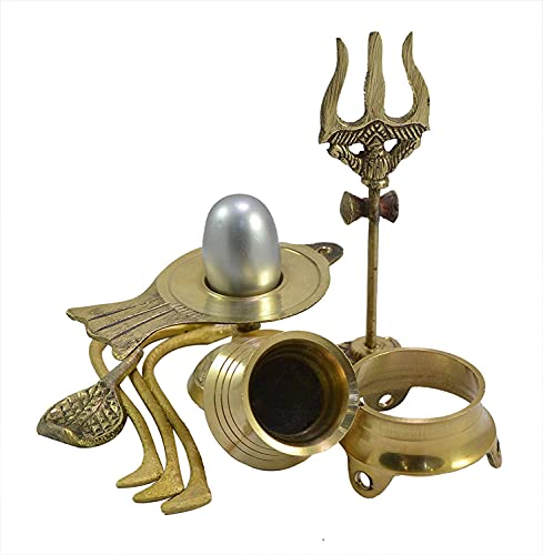 Parad Shaligram Shivling Set Shiva Ling Lingam Snake Hood Jalaheri, Trishul and Kalash with Brass Stand Pooja Shivlinga Stone Shivaji Home Decor Religious Spiritual Temple (Silver Mercury)