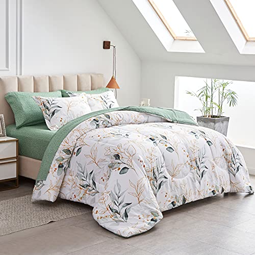 Joyreap 7 Piece Bed in a Bag Queen, Green Leaves Printed on White Botanical Design, Microfiber Comforter Set for All Season (1 Comforter, 2 Pillow Shams, 1 Flat Sheet, 1 Fitted Sheet, 2 Pillowcases)