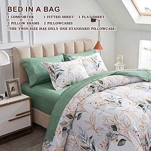 Joyreap 7 Piece Bed in a Bag Queen, Green Leaves Printed on White Botanical Design, Microfiber Comforter Set for All Season (1 Comforter, 2 Pillow Shams, 1 Flat Sheet, 1 Fitted Sheet, 2 Pillowcases)