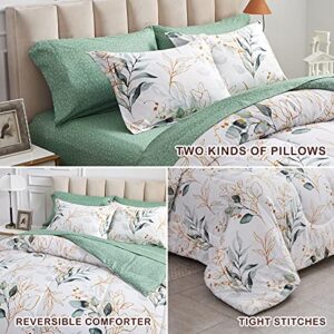 Joyreap 7 Piece Bed in a Bag Queen, Green Leaves Printed on White Botanical Design, Microfiber Comforter Set for All Season (1 Comforter, 2 Pillow Shams, 1 Flat Sheet, 1 Fitted Sheet, 2 Pillowcases)