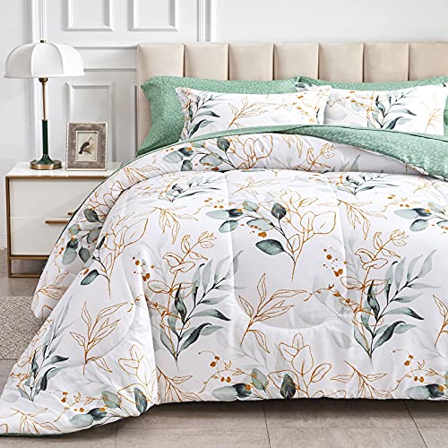 Joyreap 7 Piece Bed in a Bag Queen, Green Leaves Printed on White Botanical Design, Microfiber Comforter Set for All Season (1 Comforter, 2 Pillow Shams, 1 Flat Sheet, 1 Fitted Sheet, 2 Pillowcases)