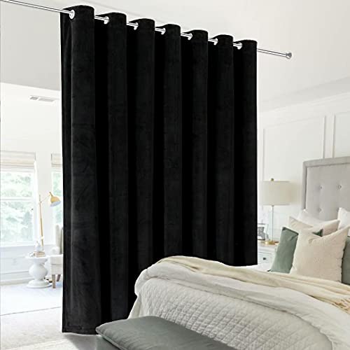 Victree Room Divider Curtain for Bedroom, Wide Velvet Curtains for Sliding Glass Door, Grommet Screens Sound Proof Privacy Curtain Panel for Living Room, 1 Panel, 9ft Wide x 7ft Tall, Black