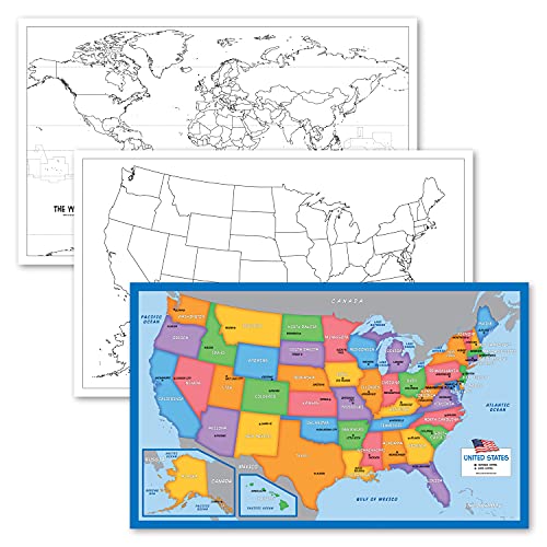 Palace Learning 3 Pack - USA & World Map Blank Outline Posters + Simplified USA Map for Kids [Blank] - LAMINATED, 18" x 29" (For Use With Wet Erase Markers)