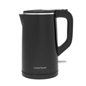 cooktron 1.7l quiet electric kettle, double wall hot water boiler bpa-free cool touch tea kettle, cordless with auto shut-off & boil dry protection, 1500w fast boiling, black